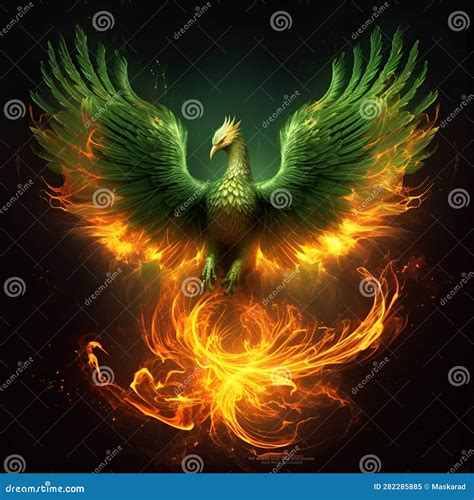 Illustration Generative Ai Green Firebird And Fire The Phoenix Bird