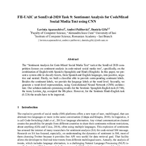 Fii Uaic At Semeval 2020 Task 9 Sentiment Analysis For Code Mixed Social Media Text Using Cnn