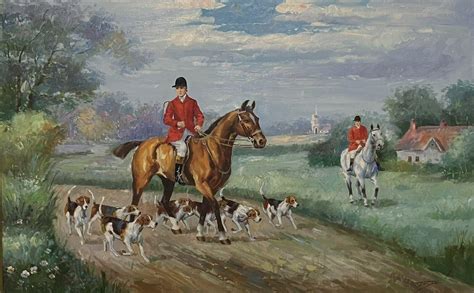 British School Very Large English Fox Hunting Country Scene Oil