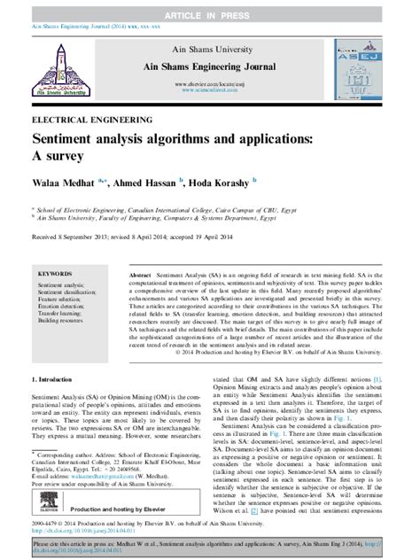 Pdf Sentiment Analysis Algorithms And Applications A Survey