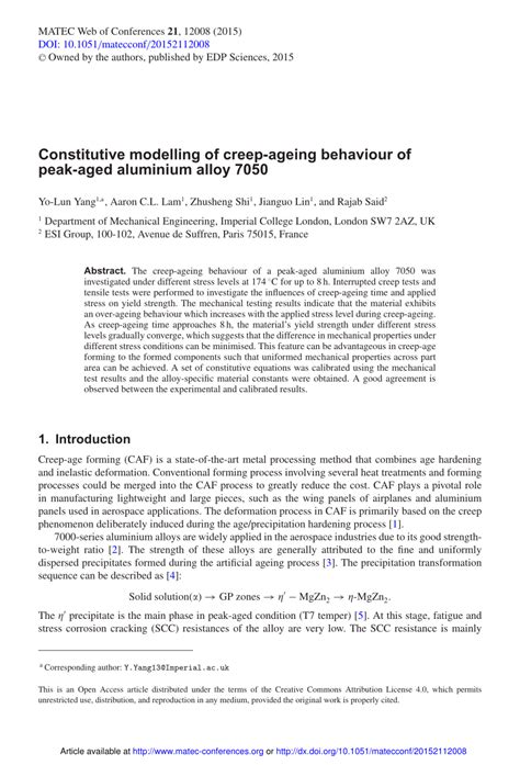Pdf Constitutive Modelling Of Creep Ageing Behaviour Of Peak Aged Aluminium Alloy 7050