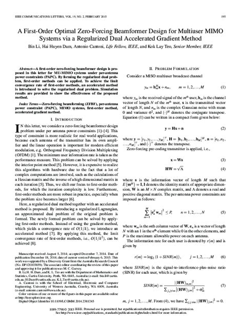Pdf A First Order Optimal Zero Forcing Beamformer Design For Multiuser Mimo Systems Via A
