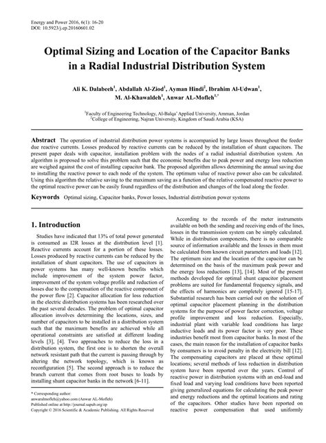 Pdf Optimal Sizing And Location Of The Capacitor Banks In A Radial Industrial Distribution System