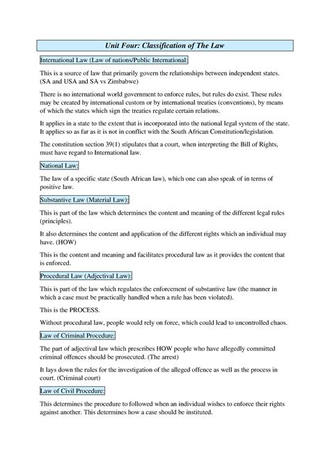 Jur Unit Four Lecture Notes Unit Four Classification Of The Law
