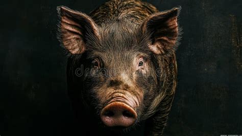 Close Up Of A Wild Boar Facing Forward In Dramatic Lighting On Dark