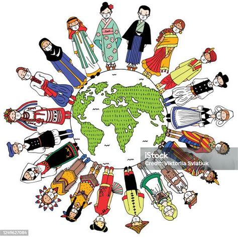 보호 의료 마스크를 착용 전통적인 의상을 입은 사람들을 낙서합니다 전 세계의 다양한 국가 의상 손으로 그린 흑백 벡터 그림 개성
