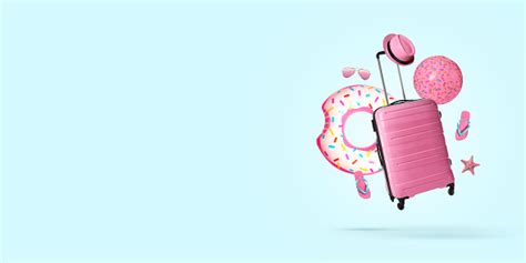 분홍색 여행 가방과 해변 액세서리가 옅은 하늘색 배경에 날아다닌다 텍스트를 위한 공간이 있는 배너 디자인 0명에 대한 스톡 사진 및 기타 이미지 Istock