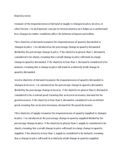Elasticity Price Notes Elasticity Notes Measure Of The Responsiveness Of Demand Or Supply To