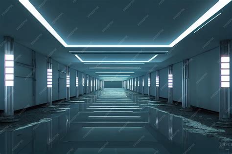 네온 사이버펑크 스타일의 현대적인 빈 미래형 방 현실적인 영화 조명 사이버 건물의 템플릿 레이아웃 벽 3d 그림에 네온 불빛이 있는 밝은 회색 복도 프리미엄 사진