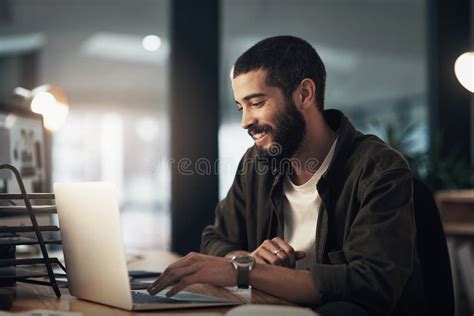 Design Laptop And Programming With Happy Man In Office At Night For