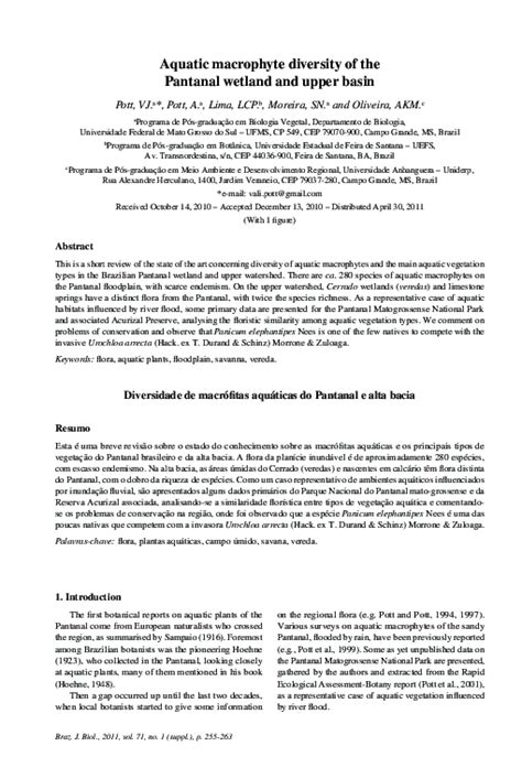 Pdf Aquatic Macrophyte Diversity Of The Pantanal Wetland And Upper Basin Vali Joana Pott