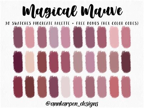 Magical Mauve Procreate Palette 30 HEX Color Codes Instant Digital Download IPad Pro Art