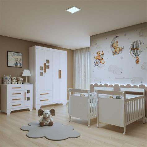 Quarto De Bebe Completo Gemeos Com Guarda Roupa 2 Bercos E Comoda Gael