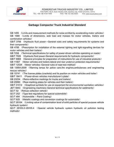Trash Compactor Truck Isuzu Factory Checking List