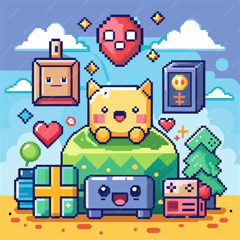 Cute Pixel Art Characters With Happy Faces And A Yellow Background