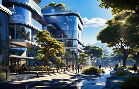 Premium AI Image An Office Building In A City With Trees And Bushes