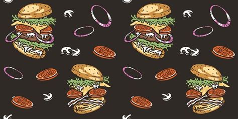 라벨 배너 또는 포스터 디자인을 위한 고기 치즈 및 야채가 들어간 버거가 있는 매끄러운 패턴 롤빵 양상추 치즈 토마토 양파 커틀릿을 곁들인 패스트 푸드 0명에 대한 스톡