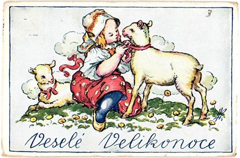 L Kratochvíl Holčička A Ovečky Velikonoční Kreslená Z0304 Aukro