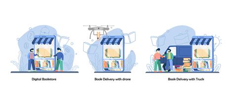 온라인 상점 배달 주문 온라인 도서 아이콘 세트 디지털 서점 무인 항공기로 책 배달 트럭과 책 배달 벡터 플랫 디자인 격리 개념 은유 일러스트레이션 개념에 대한 스톡 벡터