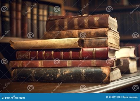 A Stack Of Old Books On Table Against Background Of Bookshelf In