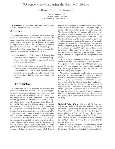 Pdf 3d Segment Matching Using The Hausdorff Distance