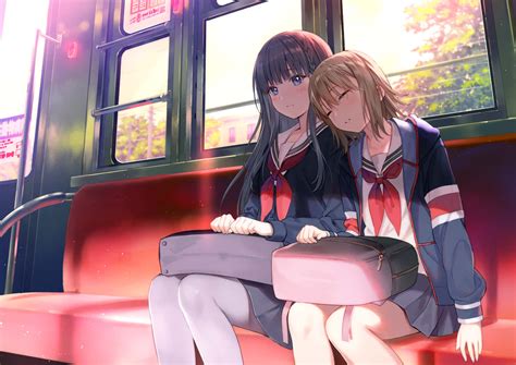 Download Anime School Girl Cute Bus Wallpaper
