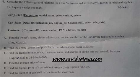 Relational Algebra Questions With Answers Dbms Cs Vidyalaya
