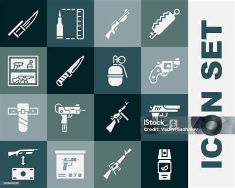 세트 페퍼 스프레이 총 권총 구입 작은 리볼버 사냥 군사 칼 상점 무기 총검 소총과 손 수류탄 아이콘 벡터 강철에 대한 스톡