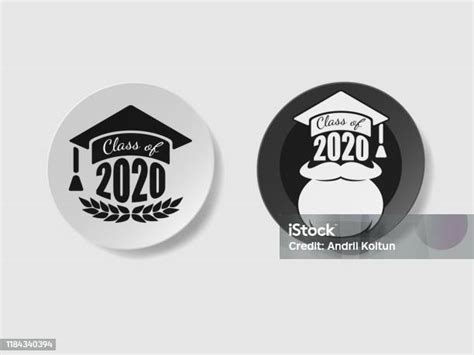 2020년 수업 흰색 둥근 스티커에 교육 학술 모자와 월계수 화환 검은 숫자 졸업 디자인 고등학교 또는 대학 축 하 졸업을위한