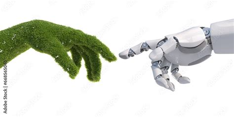 Nature And Technology Abstract Concept Robot Hand And Natural Hand Covered With Grass Reaching
