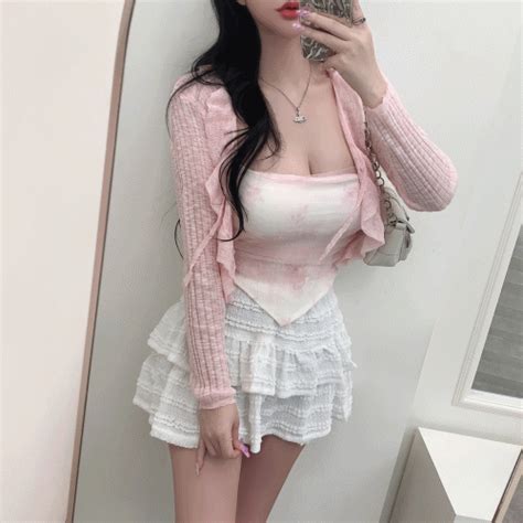 [3colors Set] 블루밍 쉬폰나염 스모크뒷밴딩 사선 끈나시탑and프릴가디건 세트 버닝블루 에이블리