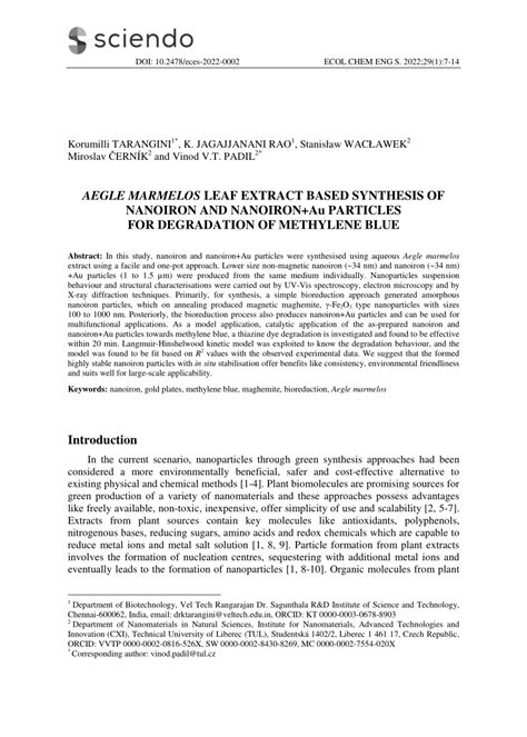 Pdf Aegle Marmelos Leaf Extract Based Synthesis Of Nanoiron And Nanoiron Au Particles For