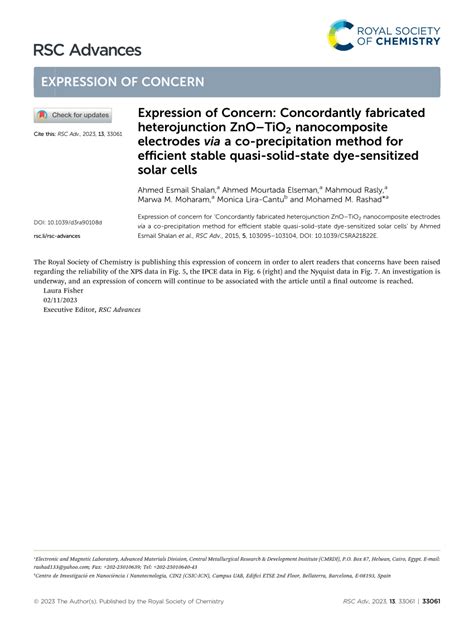 Pdf Expression Of Concern Concordantly Fabricated Heterojunction Zno Tio2 Nanocomposite