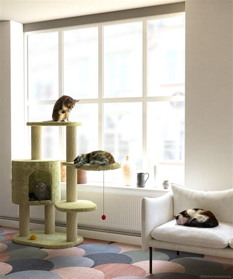 The Cat Scratching Post 3d Render Digital Art By Gmartworks