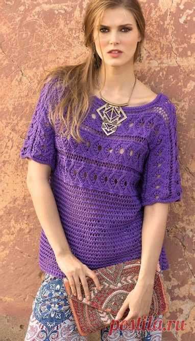 Топ связанный поперёк с ажурной кокеткой Спицами Вязание Топы блузы