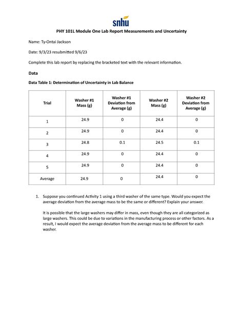 Phy L Module One Lab Report Measurements And Uncertainty Data