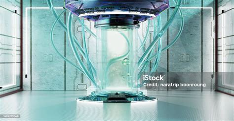 극저온 캡슐 최대 절전 모드 Cryonics 캡슐 최대 절전 모드용 냉동 액체가 있는 유리관 공상 과학 텔레포트 과학 기술 극저온 극저온 실험실 장비 실험실 장면 3d 그림