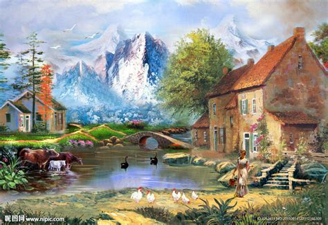 油画风景 山村油画源文件 风景 PSD分层素材 源文件图库 昵图网nipic