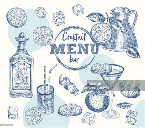 세트 보틀 데킬라 칵테일 안경 오렌지 얼음 감귤류 빈티지 손으로 그린 스케치 디자인 바 레스토랑 카페 메뉴 사실적인 인그레이빙