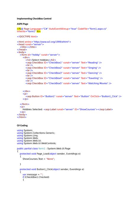 Form Controls Asp Net With C Implementing Checkbox Control Aspx Page