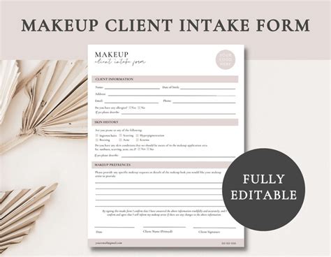 Makeup Artist Client Intake Form Makeup Client Form Makeup Artist