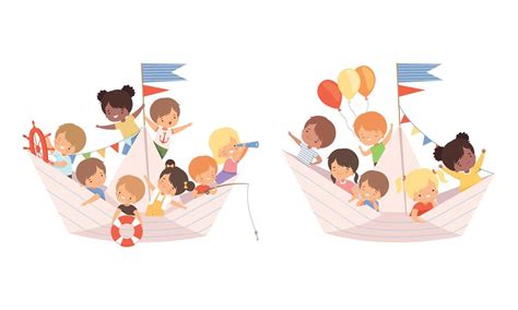 Grupo De Linda Sonriente Niño Navegación En Papel Barco Con Bandera Y