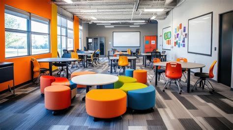 Modern Classroom With Colorful Furniture And Collaborative Spaces For