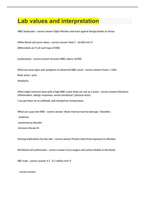 Lab Values And Interpretation Courses Stuvia US