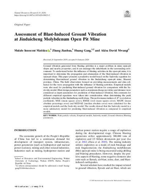 Pdf Assessment Of Blast Induced Ground Vibration At Jinduicheng Molybdenum Open Pit Mine
