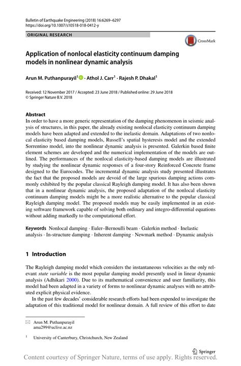 Application Of Nonlocal Elasticity Continuum Damping Models In Nonlinear Dynamic Analysis