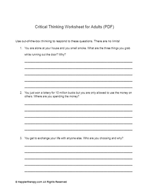 Critical Thinking Worksheet For Adults Happiertherapy