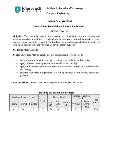 Btech Data Mining And Information Retrieval Syllabus Pdf Data