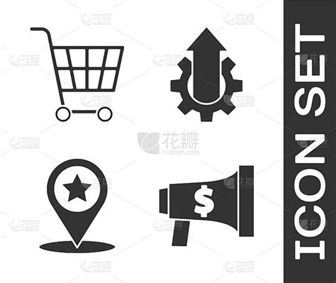 设置扩音器和美元，购物车，地图指针与星和箭头增长齿轮业务图标。向量