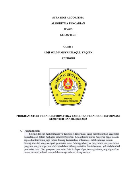 Pdf Karya Tulis Strategi Algoritma Algoritma Pencarian
